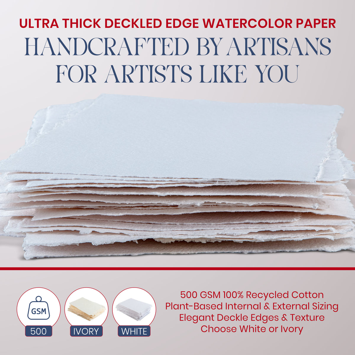 Ultra Thick Handmade White or Ivory Watercolor Deckle Edge Paper - 500 ...